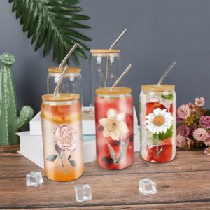 Custom Beer Can Glass Personalized Glass Tumbler Can Cup with Bamboo Lid and Straw Birth Flower Beer Cup Soda Can Glass Coffee Cup Glass Unique Drinking Glass Iced Tea Glass Smoothie to Go Cup