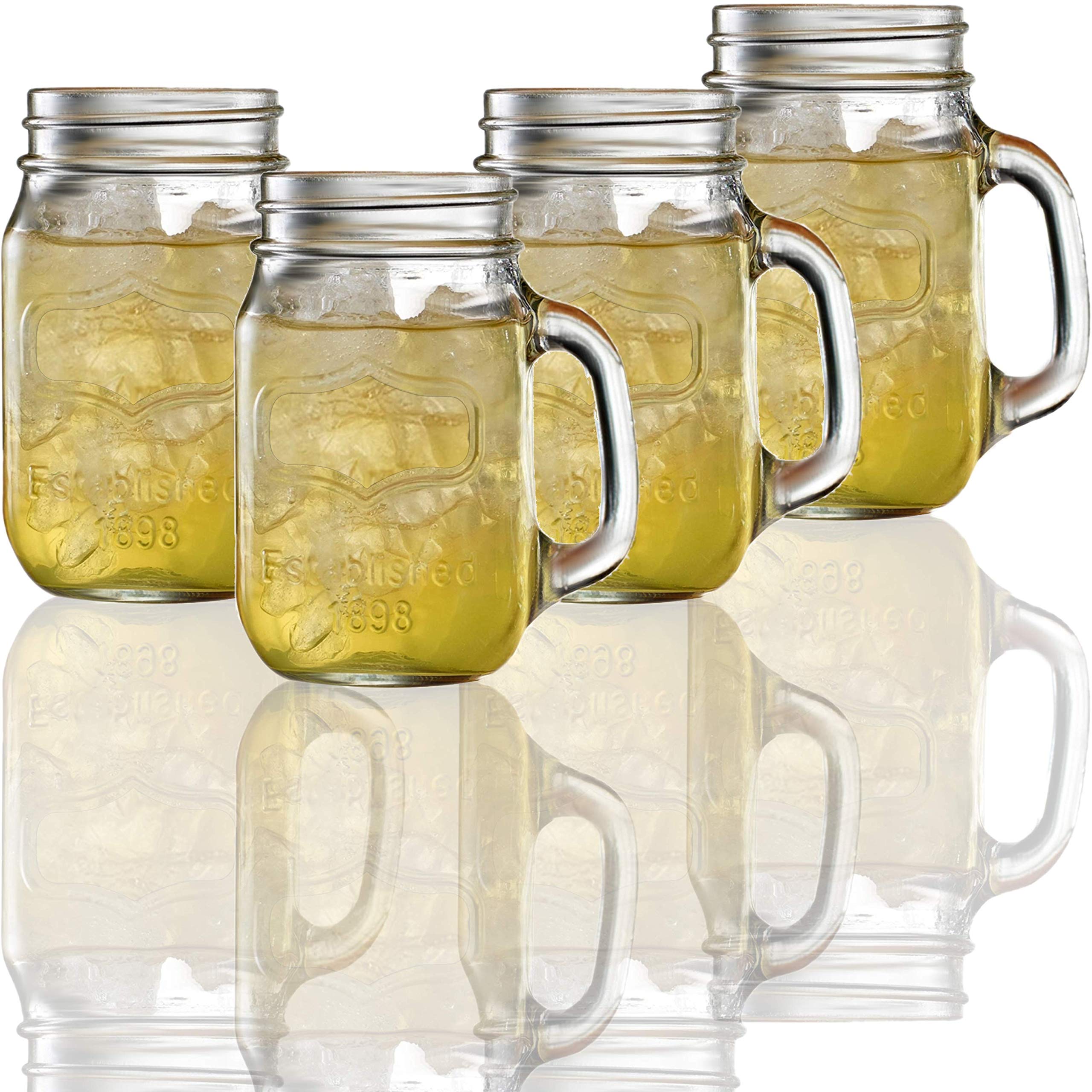 Circleware Yorkshire Glass Handles, Set of 4, 17.5 ounce, 4 Count (Pack of 1), Clear Mason Jar Mugs