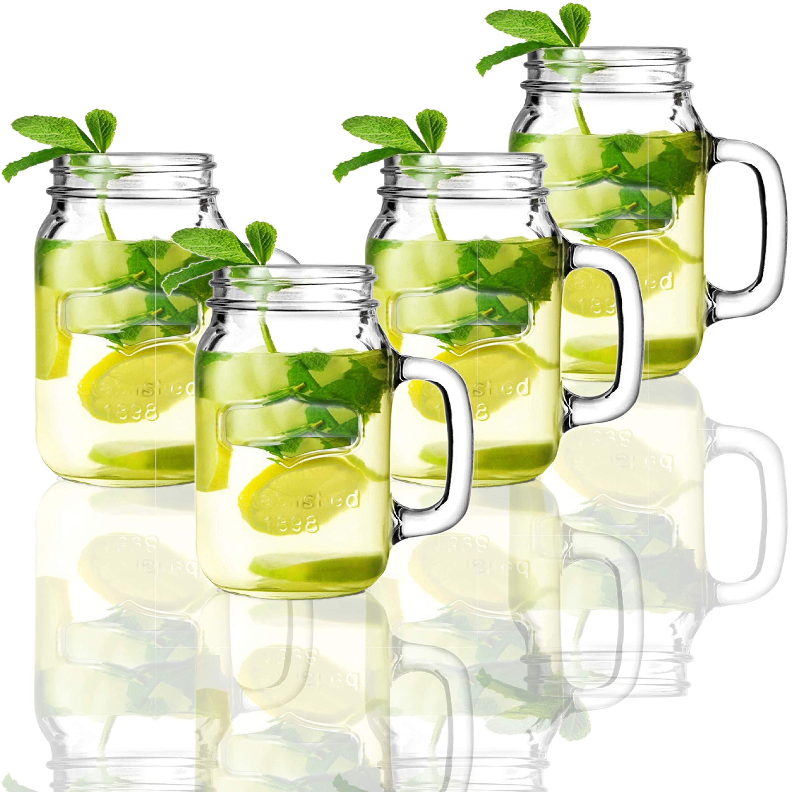 Circleware Yorkshire Glass Handles, Set of 4, 17.5 ounce, 4 Count (Pack of 1), Clear Mason Jar Mugs