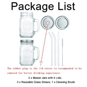 2PCS Mason Jar Lids 17OZ Straw Hole with 3 Reusable Glass Straw, 1 Cleaning Brush Mason Jar Drinking Lids and Straw Boba Cups Coffee Mug Wide Mouth Mason Jars