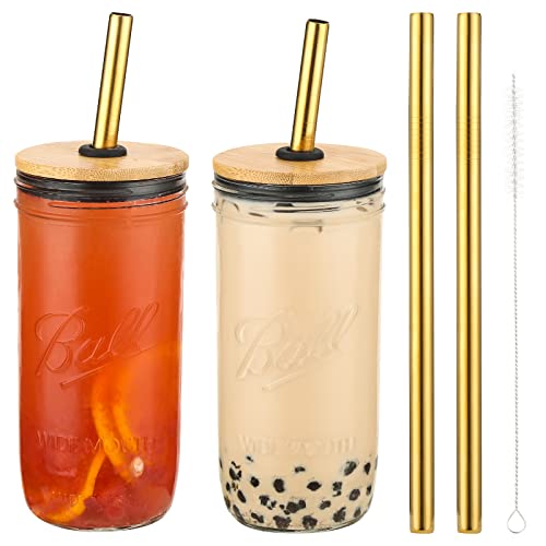 TOPZGEELY 2 Pack 24 Oz Mason Jar Drinking Glasses Cups Bamboo Lids Straws