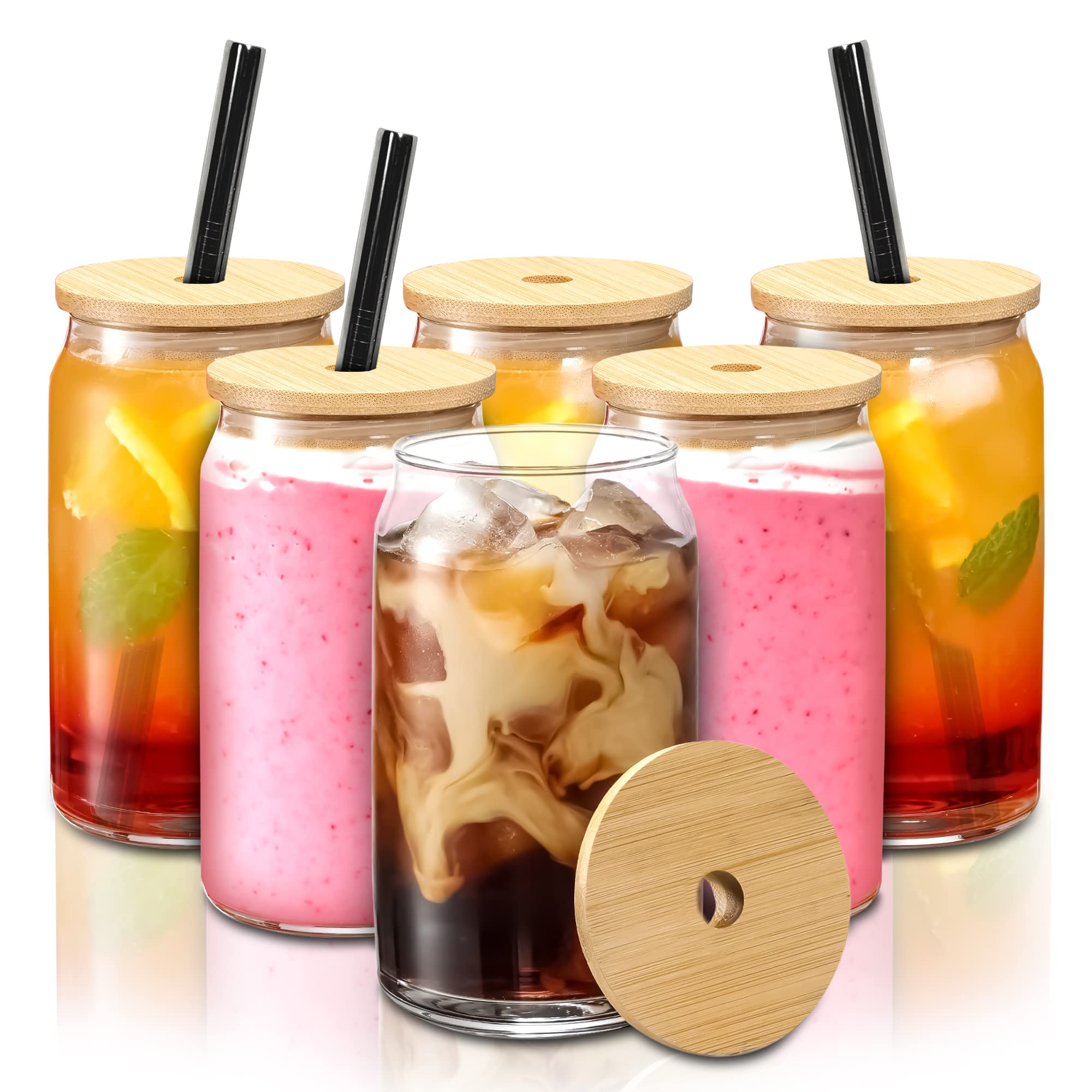 Drinking Glasses with Bamboo Lids and Stainless Steel Straw 16 oz. Glass Tumblers. Ice Coffee, Beer, Cocktails and Smoothie Cups. Set of 4. Vasos de vidrio.