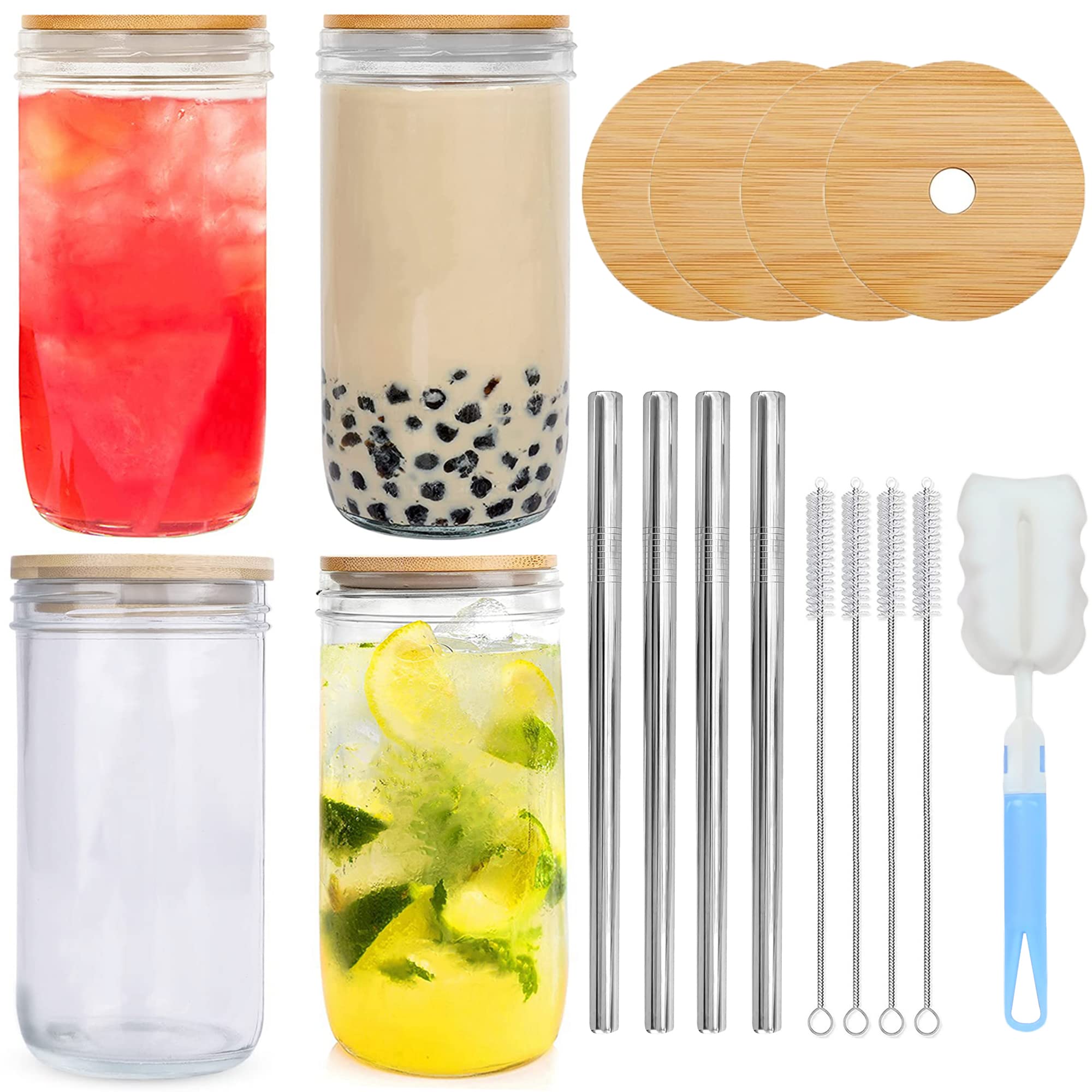 UFRITAN 4 Pack Glass Cups Set, 24oz Wide Mouth Smoothie Drinking Glasses w Bamboo Lids & Straws, Cute Reusable Boba Bottle, Iced Coffee jar, Travel Tumbler for Bubble Tea, Juice, Soda, Cocktail