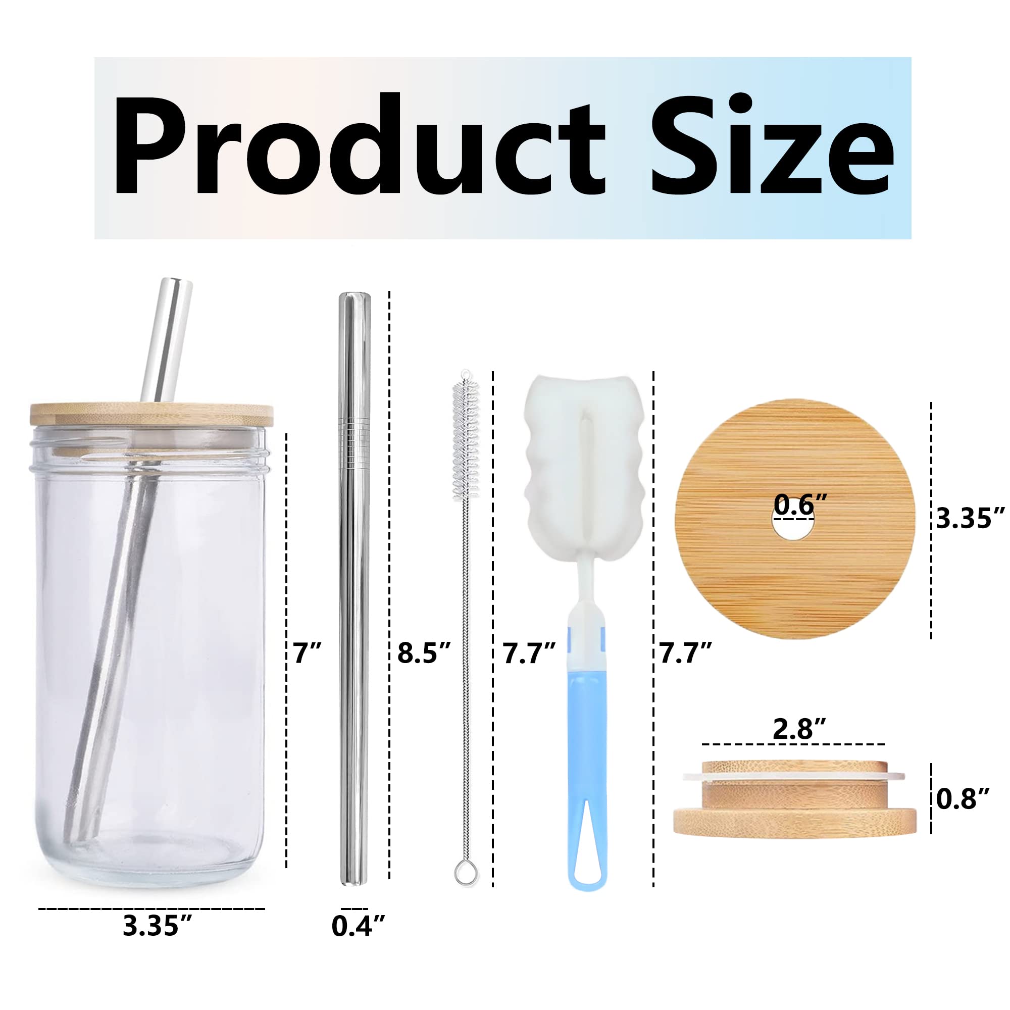 UFRITAN 4 Pack Glass Cups Set, 24oz Wide Mouth Smoothie Drinking Glasses w Bamboo Lids & Straws, Cute Reusable Boba Bottle, Iced Coffee jar, Travel Tumbler for Bubble Tea, Juice, Soda, Cocktail