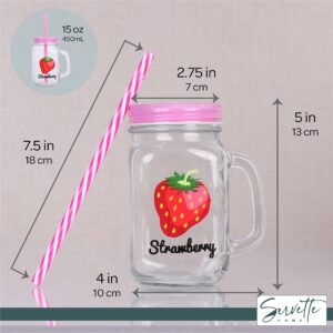 Mason Jar 15oz/450mL with Lid & Straw Drinking Glasses Printed Strawberry - Set of 2