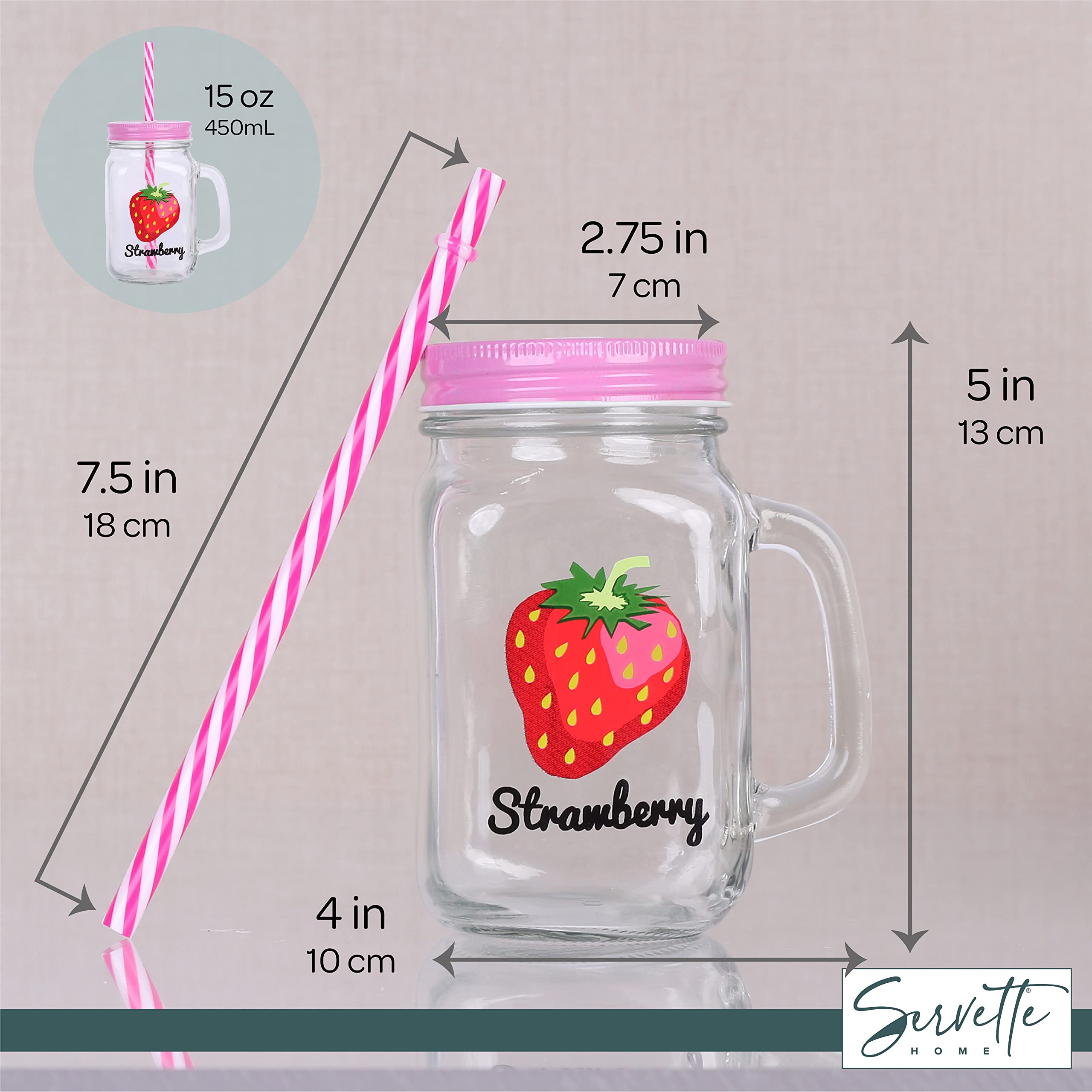 Mason Jar 15oz/450mL with Lid & Straw Drinking Glasses Printed Strawberry - Set of 2