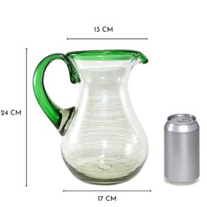 MAREY Mexican Glass Pitcher for Water | Blown Glass | Artisan Handcrafted from Mexico (Green Rim, 77 Fl. Oz.)