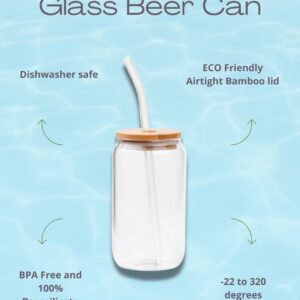 4 Pack Crystal Clear Beer Glass Can with Bamboo Lids Glass Straw and Brush Cleaner- Reusable Eco Friendly Heat and Cold Resistant Glass, Cocktail, Tumbler, Beer Glass