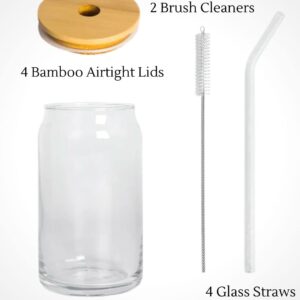 4 Pack Crystal Clear Beer Glass Can with Bamboo Lids Glass Straw and Brush Cleaner- Reusable Eco Friendly Heat and Cold Resistant Glass, Cocktail, Tumbler, Beer Glass