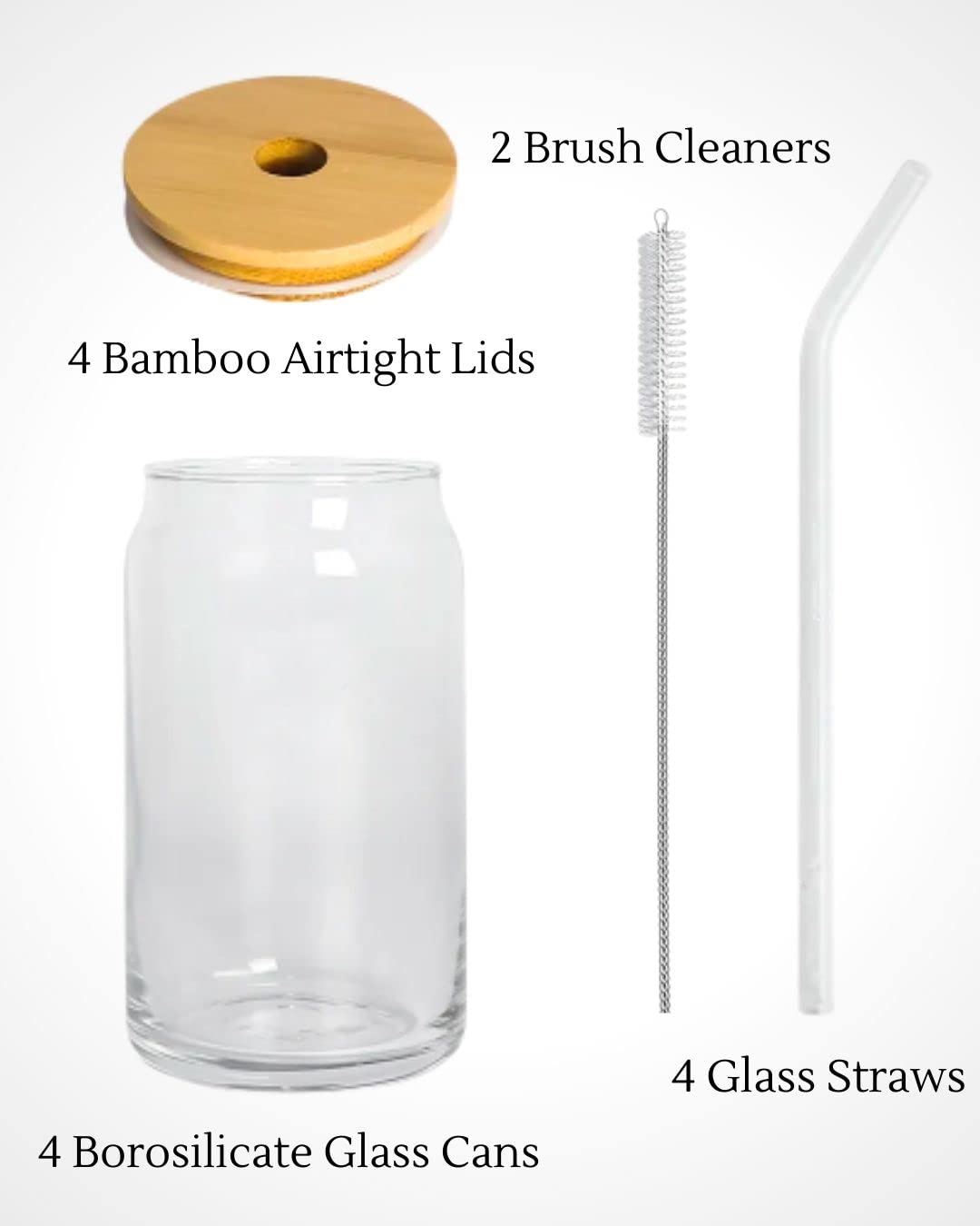 4 Pack Crystal Clear Beer Glass Can with Bamboo Lids Glass Straw and Brush Cleaner- Reusable Eco Friendly Heat and Cold Resistant Glass, Cocktail, Tumbler, Beer Glass