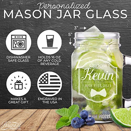 Groomsmen Mason Jar - Personalized Groomsman Wedding Party Mason Jars with Handle - Custom Monogrammed