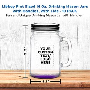 10 Libbey Handle Mason Jars with Lids Set, 16 oz. - Personalized Text, Logo - Traditional style, Drinking, Glassware - Purple