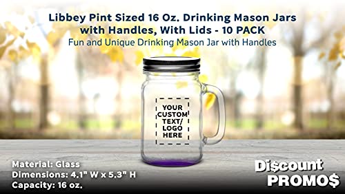 10 Libbey Handle Mason Jars with Lids Set, 16 oz. - Personalized Text, Logo - Traditional style, Drinking, Glassware - Purple