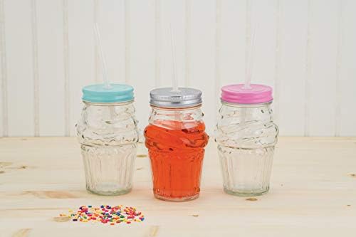 Amici Home Ice Cream Mason Jar | Set of 3 | Glass Drinking Jar with Assorted Lids and Reusable Straw | 16 Ounce Capacity | Drinkware for Ice Cream and Summer Beverages