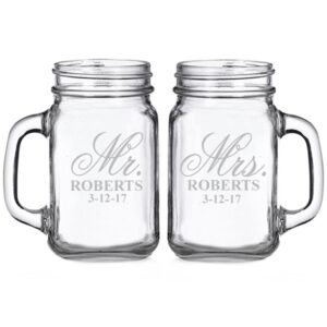 mr. and mrs. elegant script personalized glass mason mugs (set of 2)