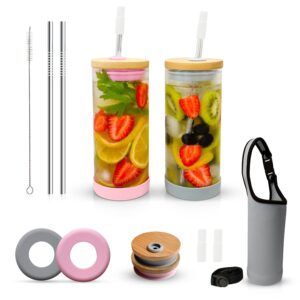 Mason Jars , Glass Tumbler ,Set of 2 24oz Drinking Glasses With Bamboo Lid And Straws , Cup Base , Straw Brush & Tips , Tumbler Carrier , Smoothie Cup , Iced Coffee, Boba Cup , Reusable Travel Cup