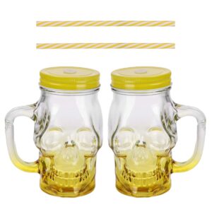 Skull Mason Mug 2pcs Skull Mason Jar Mug Tumbler Cup With Cover And Set Halloween Glasses Drinking Skull Cup For Party- 500ML Halloween Mason Mug