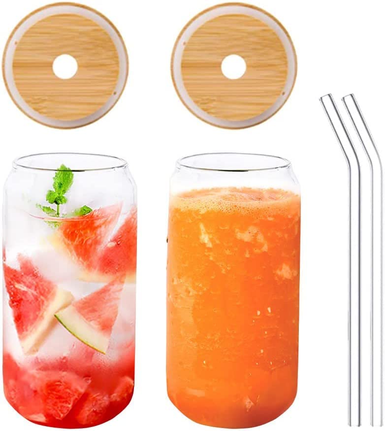 URMAGIC Drinking Glasses with Bamboo Lids and Glass Straw,2 Pcs 16oz Can Shaped Glass Cups,Beer Glasses,Iced Coffee Glasses,Glass Waster Tumbler,Glass Drink Cup,Clear Glass Cup for Cocktail, Whiskey