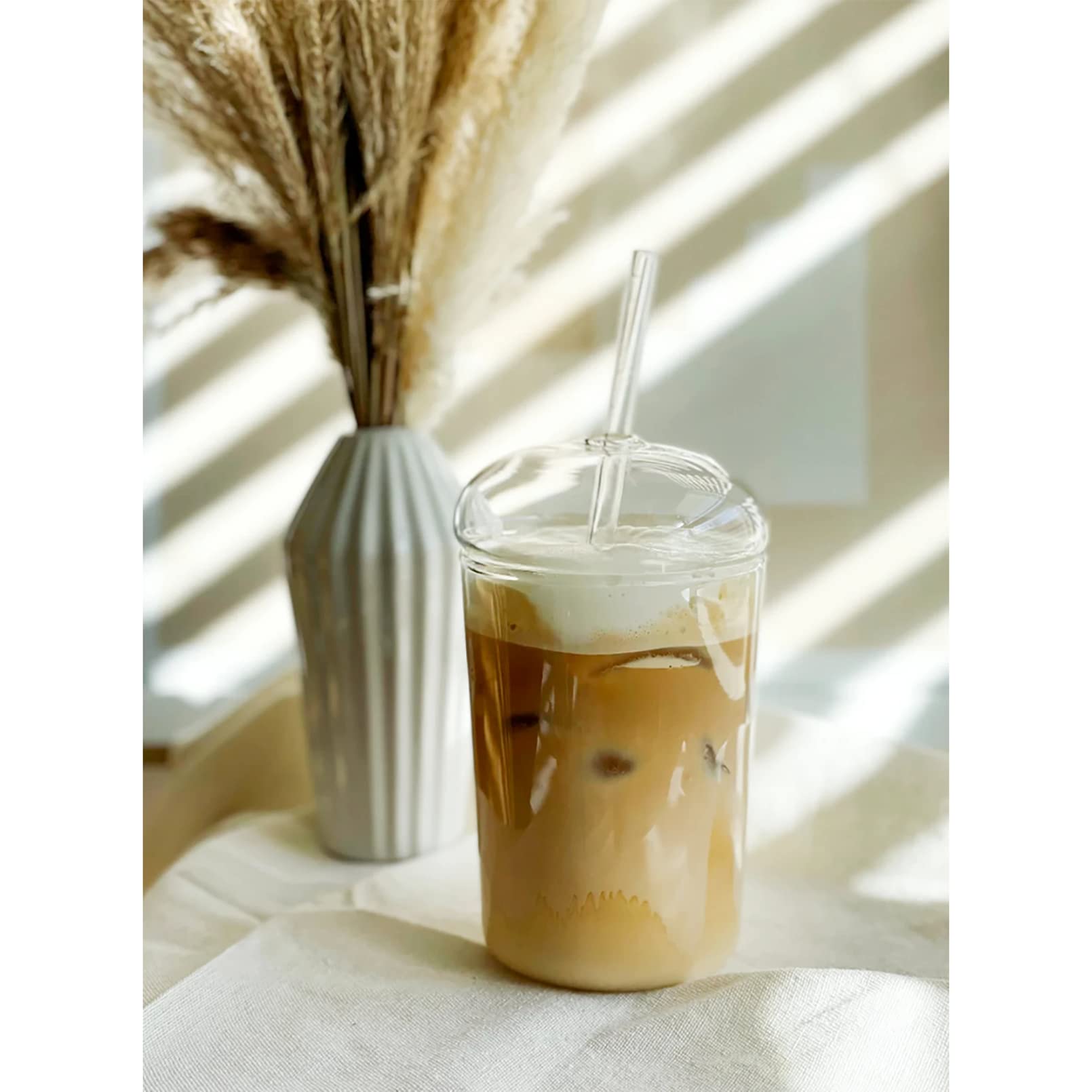 AETVRNI Iced Coffee Cup Glass Tumbler with Glass Straw And Glass Lid Wide Mouth Reusable Smoothie Cup with Straw Glass Water Bottle with Lid 16Oz Glass Drinking Bottle,Clear