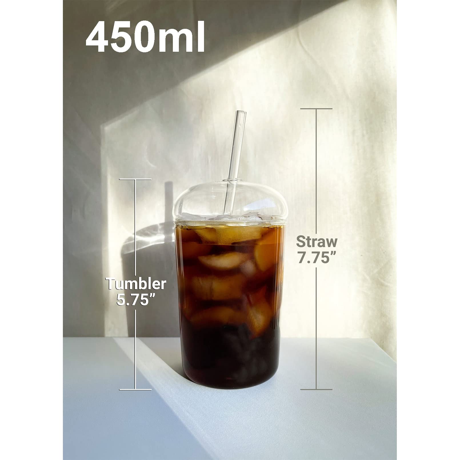 AETVRNI Iced Coffee Cup Glass Tumbler with Glass Straw And Glass Lid Wide Mouth Reusable Smoothie Cup with Straw Glass Water Bottle with Lid 16Oz Glass Drinking Bottle,Clear