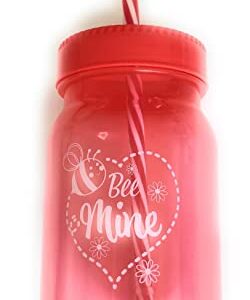 Valentine's Day Red Plastic Pint Jar Tumbler with Lid and Striped Straw, Bee Mine, 16 Ounce