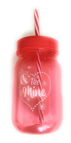 Valentine's Day Red Plastic Pint Jar Tumbler with Lid and Striped Straw, Bee Mine, 16 Ounce