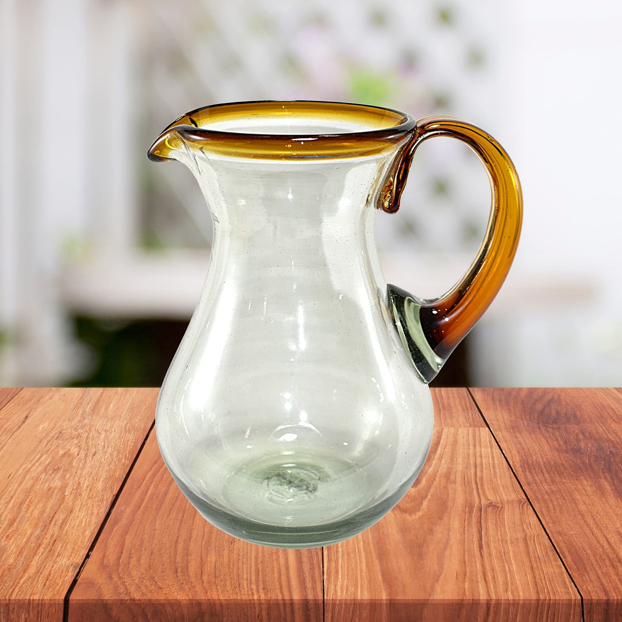 MAREY Mexican Glass Pitcher for Water | Blown Glass | Artisan Handcrafted from Mexico (Amber Rim, 77 Fl. Oz.)