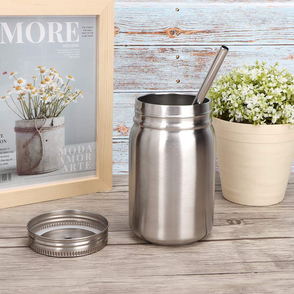 HERCHR Stainless Steel Insulated Mason Jar, Mason Jar Mugs with Lid and Straw Stemless Wine Glass for Travel Mugs, 700ml