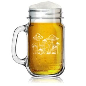 16oz mason jar glass mug w/handle gift mushrooms