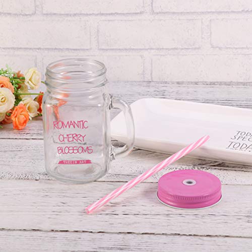 DOITOOL Mason Jar Drinking Mug 500ML Smoothie Cup Glass Juice Tumbler with Lid Handle and Straw for Juice Milk Cold Water Beverages (Pink)