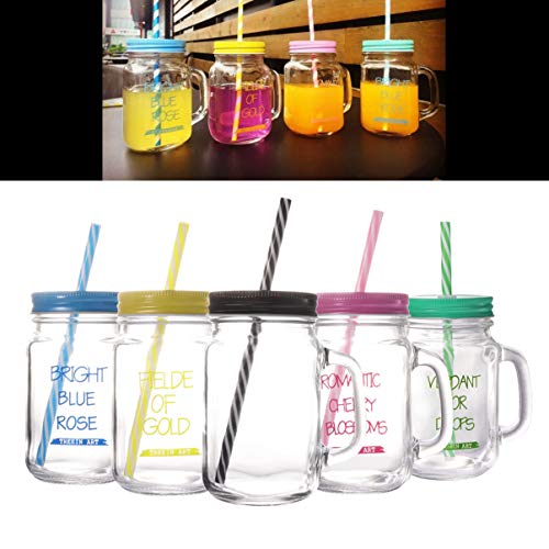 DOITOOL Mason Jar Drinking Mug 500ML Smoothie Cup Glass Juice Tumbler with Lid Handle and Straw for Juice Milk Cold Water Beverages (Pink)