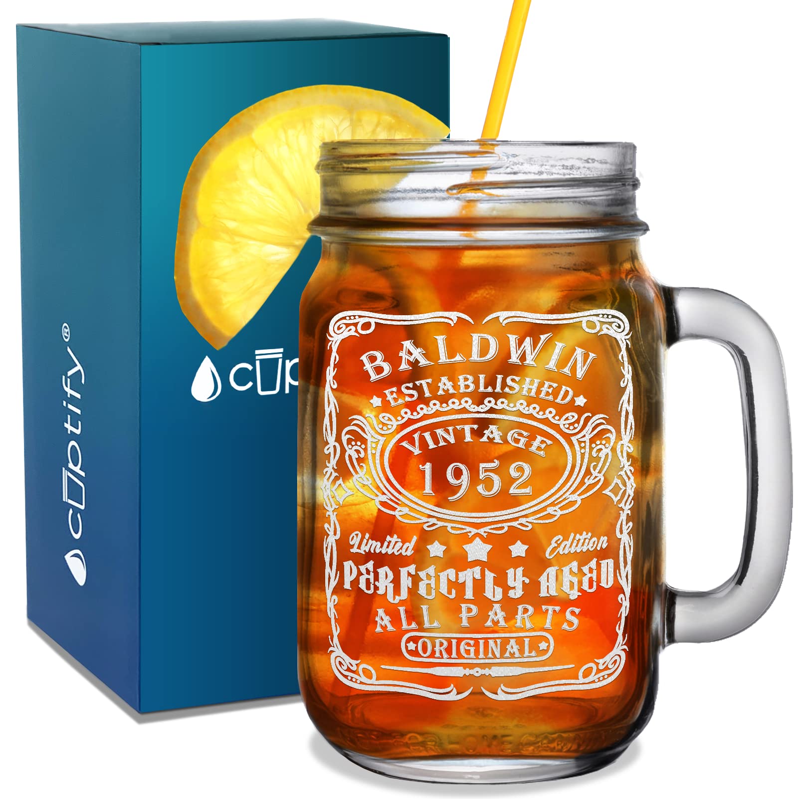 Cuptify Personalized Beer Glass 71st Birthday Perfectly Aged 71 Years Old 1952 Etched Mason Jar Glass 16 oz Drinking Glasses with Handle