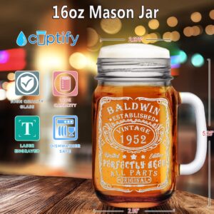 Cuptify Personalized Beer Glass 71st Birthday Perfectly Aged 71 Years Old 1952 Etched Mason Jar Glass 16 oz Drinking Glasses with Handle