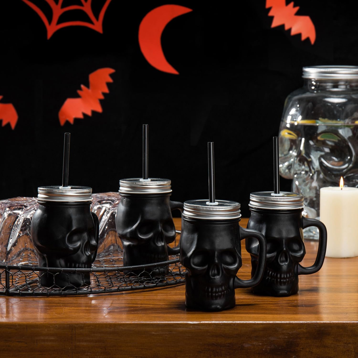 MyGift Matte Black Halloween Skull Wide Mouth Mason Jar Glass Mug with Silver Screw On Lid and Reusable Straw, Decorative Halloween Drinkware - 12 oz, Set of 4