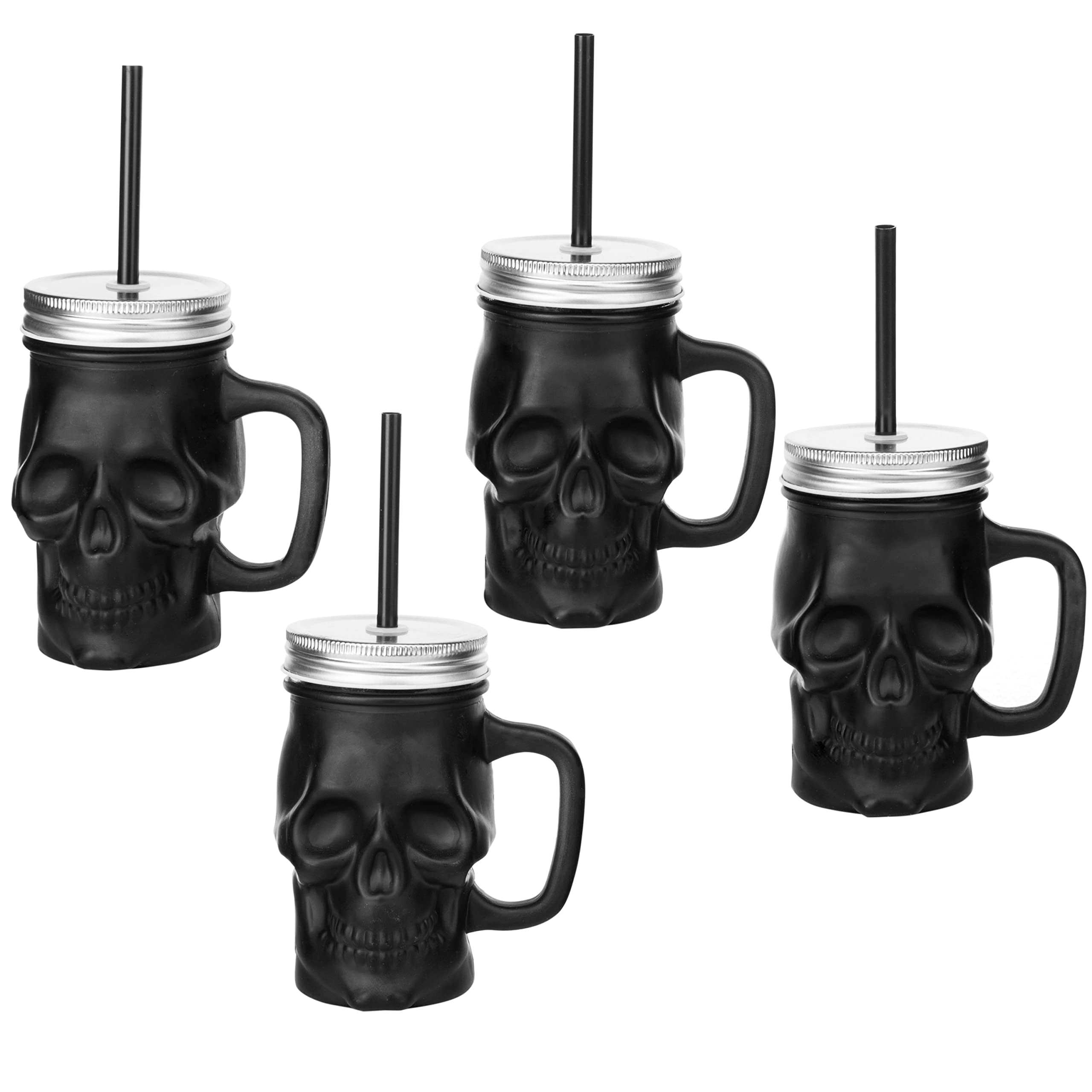 MyGift Matte Black Halloween Skull Wide Mouth Mason Jar Glass Mug with Silver Screw On Lid and Reusable Straw, Decorative Halloween Drinkware - 12 oz, Set of 4