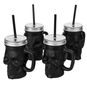 MyGift Matte Black Halloween Skull Wide Mouth Mason Jar Glass Mug with Silver Screw On Lid and Reusable Straw, Decorative Halloween Drinkware - 12 oz, Set of 4