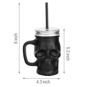 MyGift Matte Black Halloween Skull Wide Mouth Mason Jar Glass Mug with Silver Screw On Lid and Reusable Straw, Decorative Halloween Drinkware - 12 oz, Set of 4