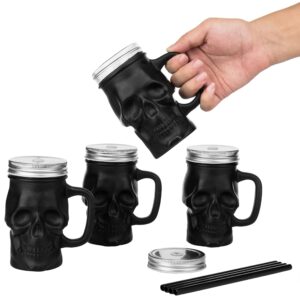 MyGift Matte Black Halloween Skull Wide Mouth Mason Jar Glass Mug with Silver Screw On Lid and Reusable Straw, Decorative Halloween Drinkware - 12 oz, Set of 4