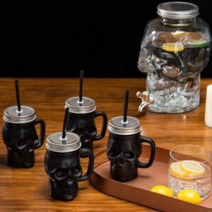 MyGift Matte Black Halloween Skull Wide Mouth Mason Jar Glass Mug with Silver Screw On Lid and Reusable Straw, Decorative Halloween Drinkware - 12 oz, Set of 4