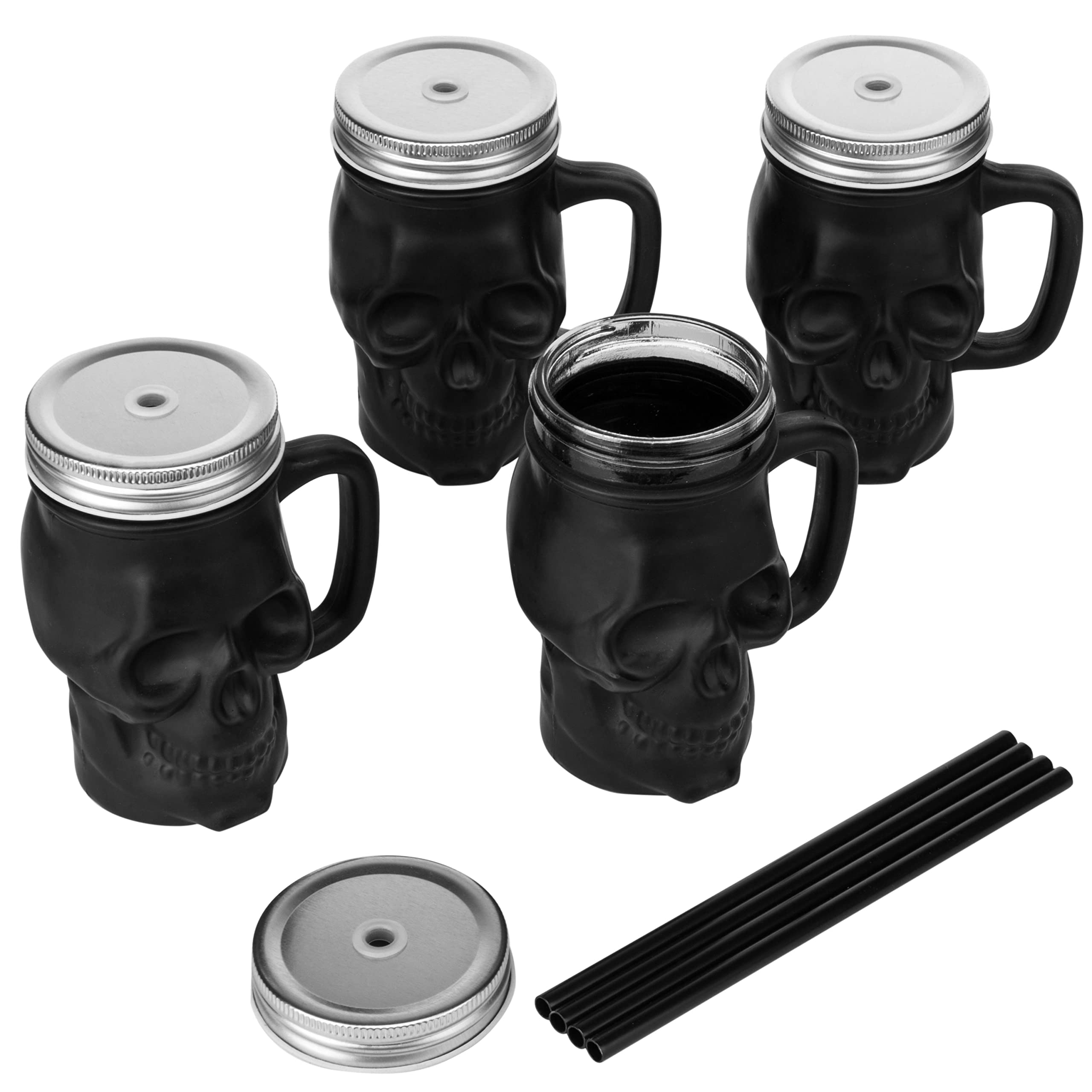 MyGift Matte Black Halloween Skull Wide Mouth Mason Jar Glass Mug with Silver Screw On Lid and Reusable Straw, Decorative Halloween Drinkware - 12 oz, Set of 4