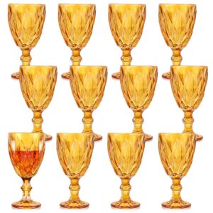 yinder 12 pack glass goblet vintage wine goblet embossed glassware 10 oz solid color glass goblet for iced tea beverage stemmed cups soda juice water liquor and party wedding bars restaurants (amber)