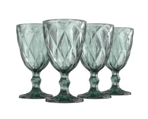 greenline goods gray goblet glasses - set of 4 (10 oz) vintage water, wine, drink glassware set - modern diamond textured drinking glasses - unique embossed pattern - unique stemmed glassware