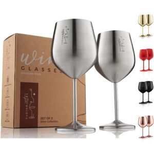 gusto nostro stainless steel wine glass - 18 oz - cute, unbreakable wine glasses for travel, camping and pool - fancy, unique and cool portable metal wine glass for outdoor events, picnics (set of 2)