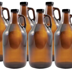 FastRack Set of 6 - 1/2 gal (64oz) Amber Beer Growlers - Comes with 12 Extra Poly Seal Caps