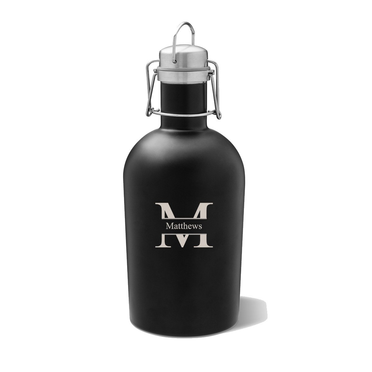 Personalized Beer Growler (Black Matte, Stamped Design), 64 oz Stainless Steel Single Wall Bottle Ideal for Camping, Travel - Unique Wedding Groomsmen Gift