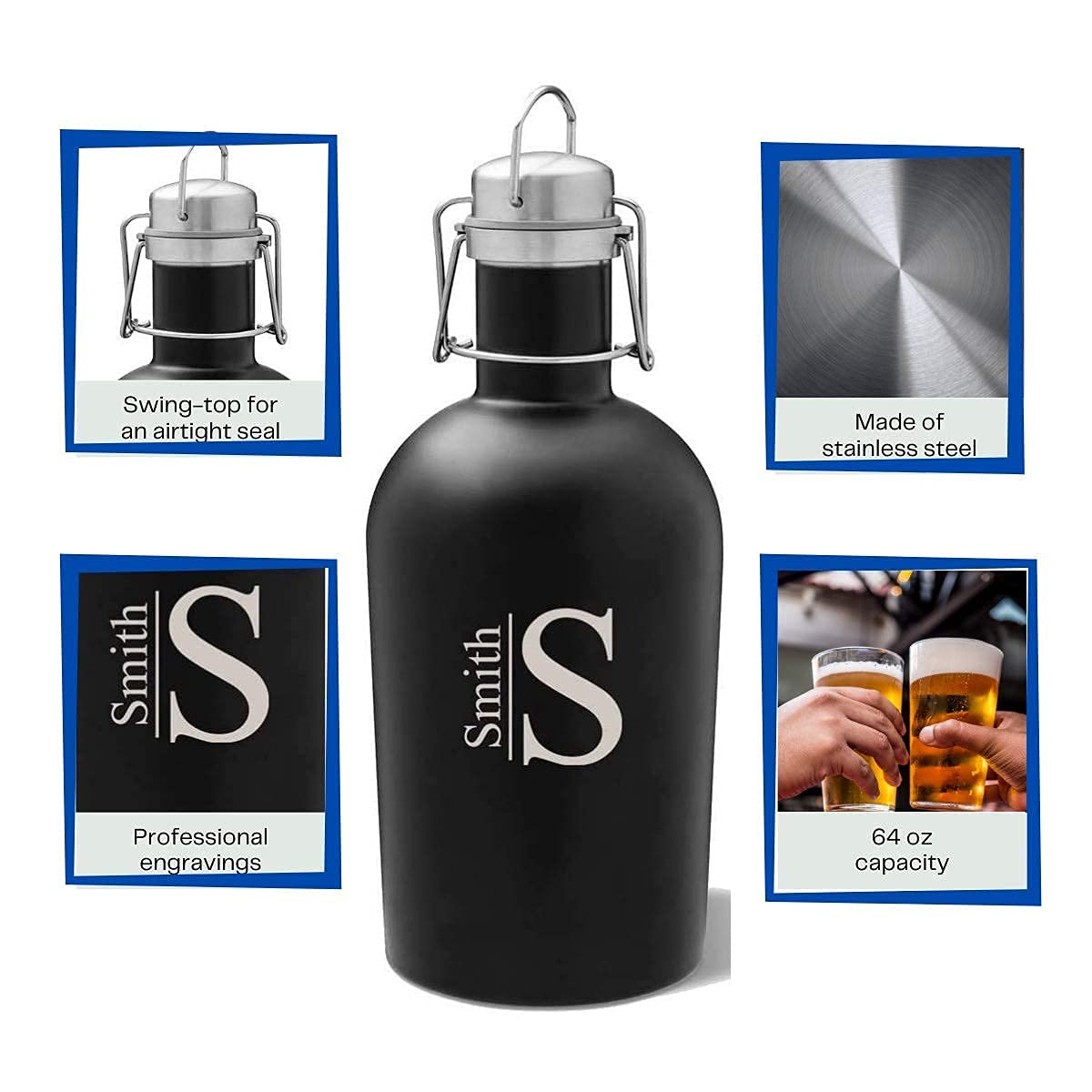 Personalized Beer Growler (Black Matte, Stamped Design), 64 oz Stainless Steel Single Wall Bottle Ideal for Camping, Travel - Unique Wedding Groomsmen Gift