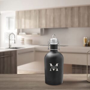 Personalized Beer Growler (Black Matte, Stamped Design), 64 oz Stainless Steel Single Wall Bottle Ideal for Camping, Travel - Unique Wedding Groomsmen Gift