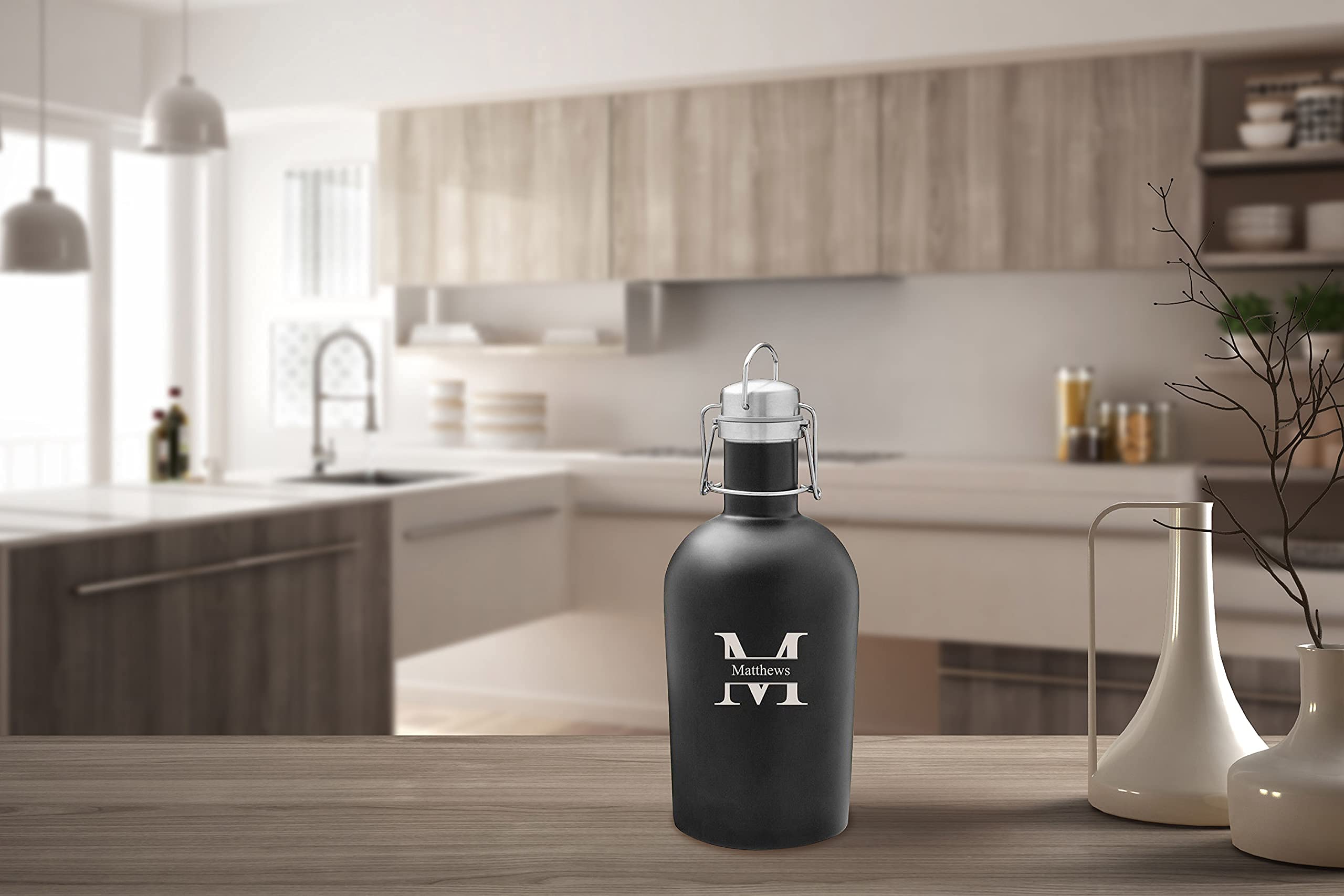 Personalized Beer Growler (Black Matte, Stamped Design), 64 oz Stainless Steel Single Wall Bottle Ideal for Camping, Travel - Unique Wedding Groomsmen Gift