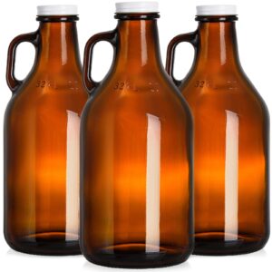 zeayea 3 pack glass growler, 32 oz amber glass jug with lids and handle, great for beer, home brewing, kombucha, distilled water