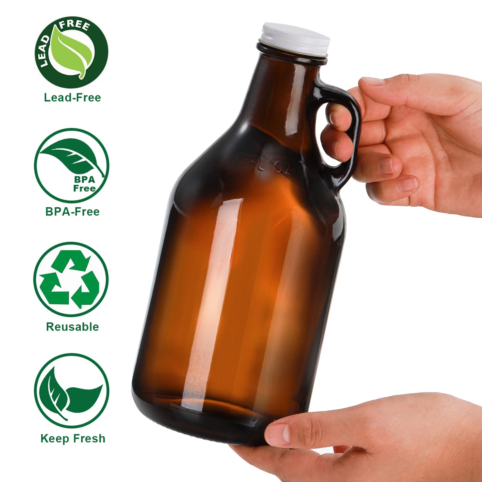 ZEAYEA 3 Pack Glass Growler, 32 oz Amber Glass Jug with Lids and Handle, Great for Beer, Home Brewing, Kombucha, Distilled Water